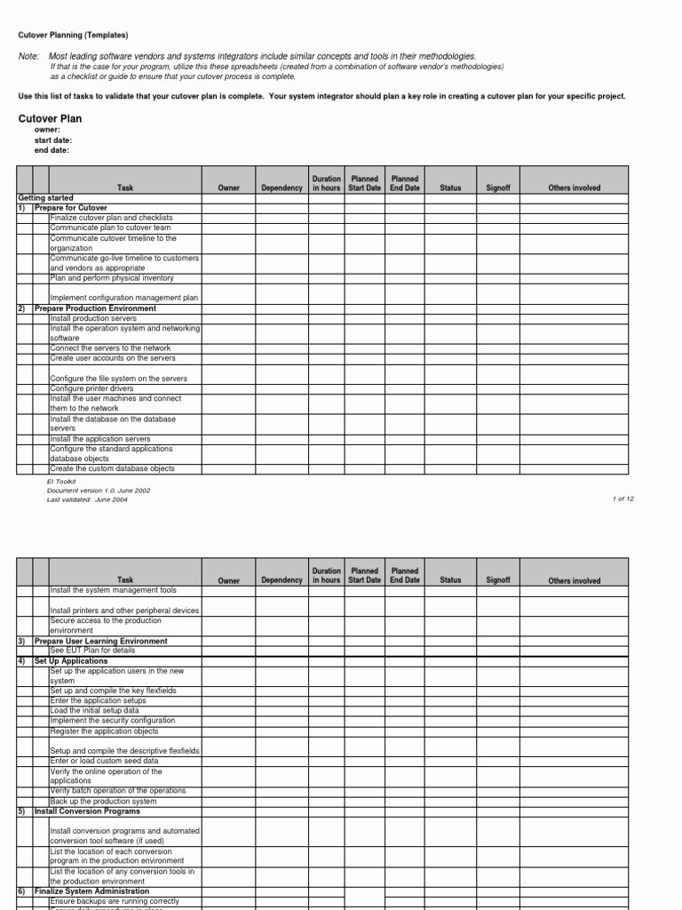 Cut Over Plan Template