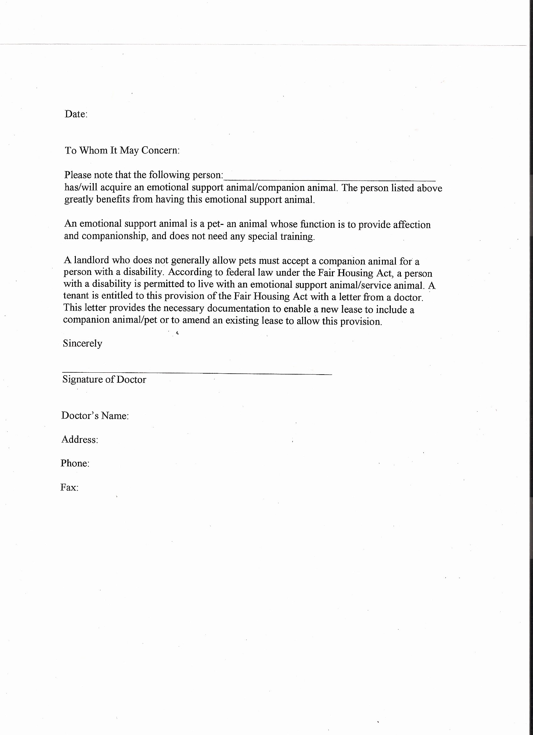 Emotional Support Animal Letter Template