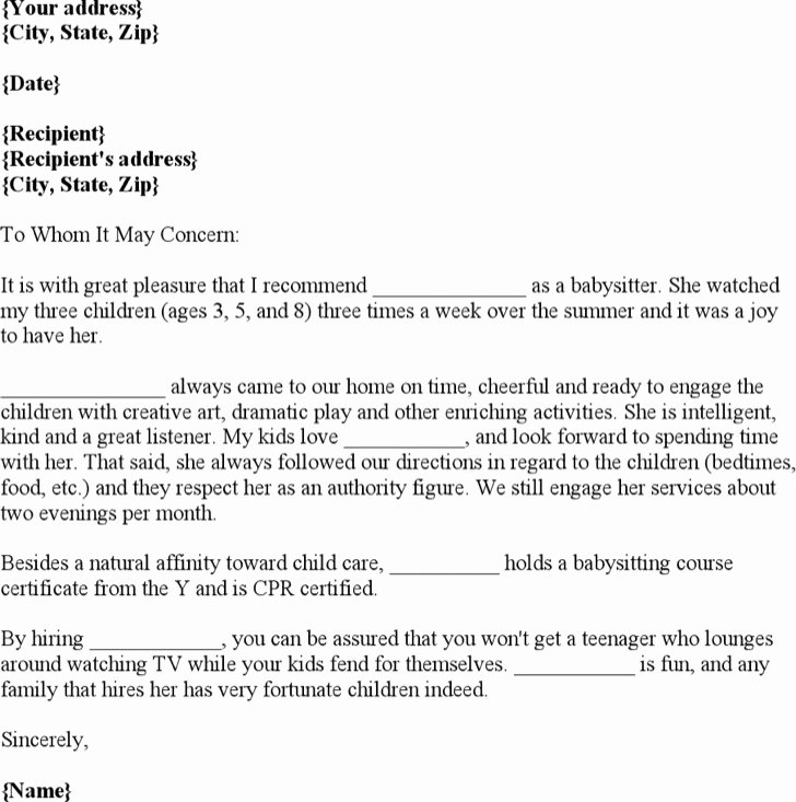 30 Letter Of Recommendation For Babysitter Hamiltonplastering